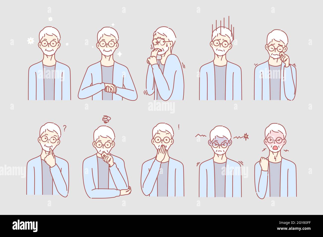 Old age mans emotions and facial expressions set concept. Illustration ...