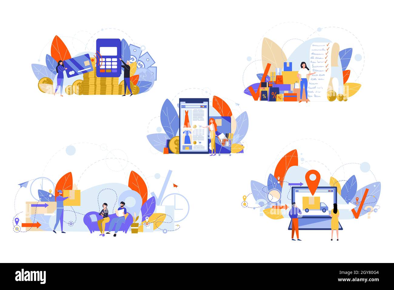 Online shopping, payment, delivery, order set concept. People, men ...