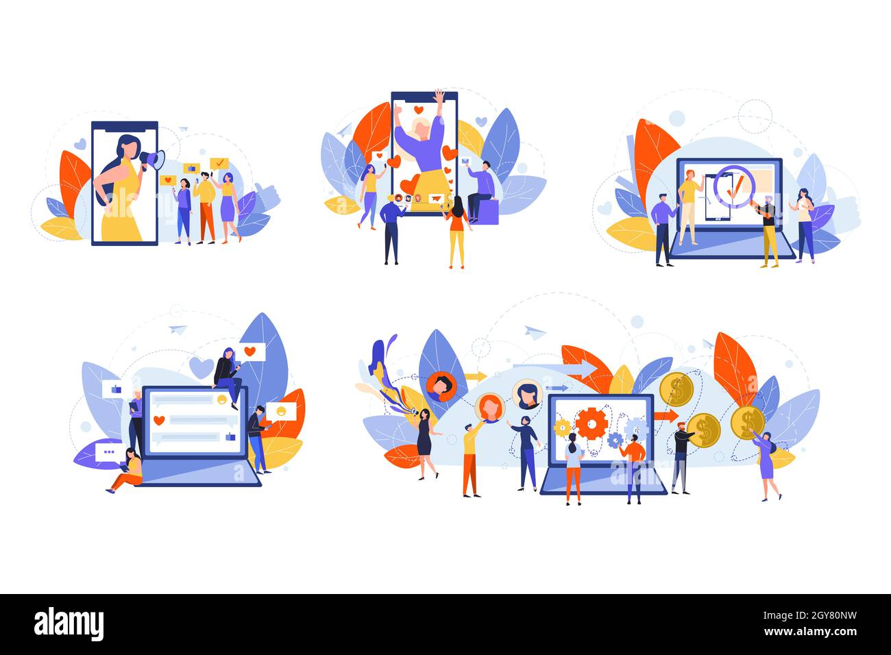 Social media, marketing, monetization, promotion, content set concept ...