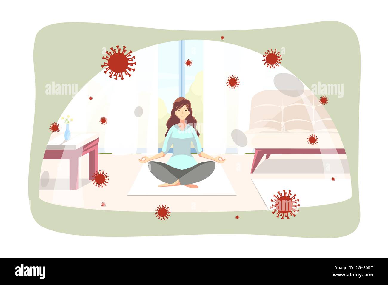Quarantine, coronavirus, meditation, protection concept. Woman girl ...