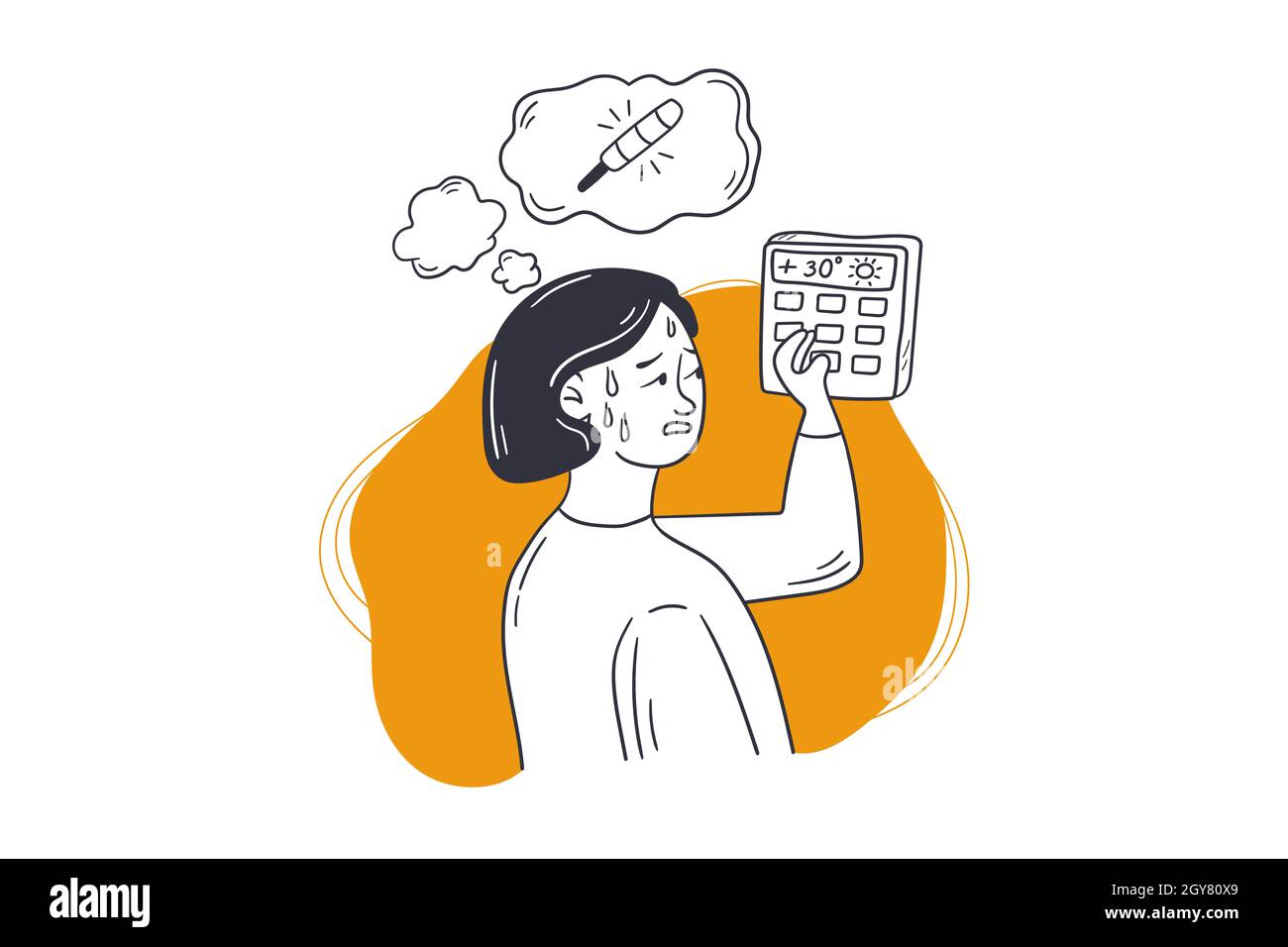 Summer, heat, conditioning concept. Young sweating woman girl cartoon ...