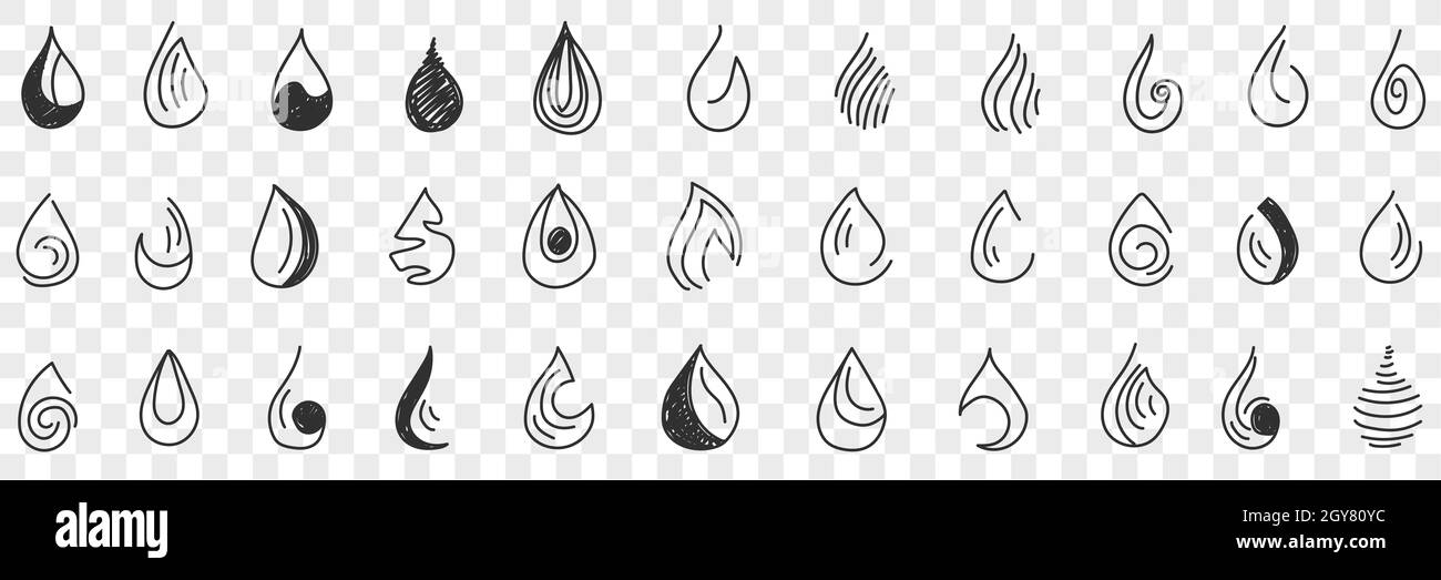 Shapes of drops doodle set. Collection of hand drawn various drop ...