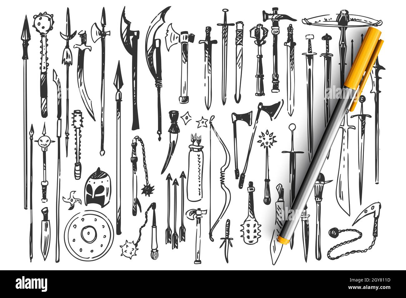 Weapons doodle set. Collection of hand drawn sketches templates ... Weapons doodle set. Collection of hand drawn sketches templates ...