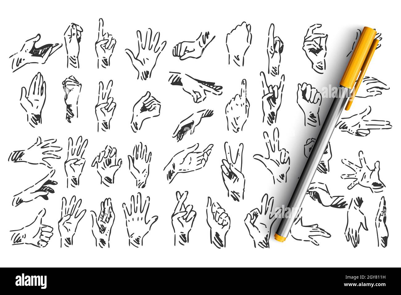 Hand gestures doodle set. Collection of hand drawn sketches templates ...