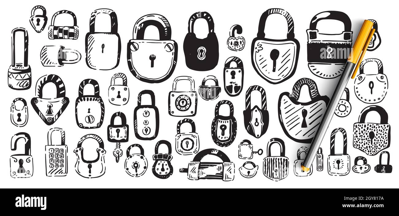 Locks doodle set. Collection of hand drawn sketches patterns templates ...