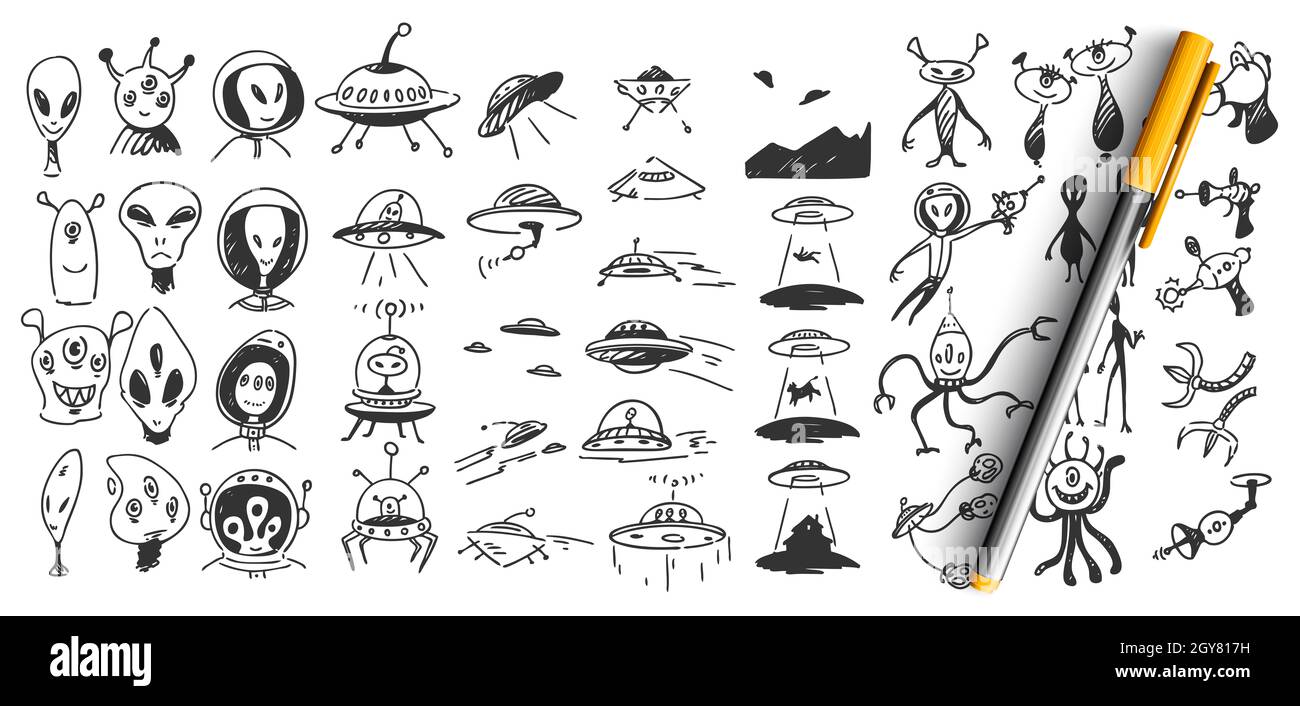 Aliens doodle set. Collection of hand drawn sketches templates patterns ...