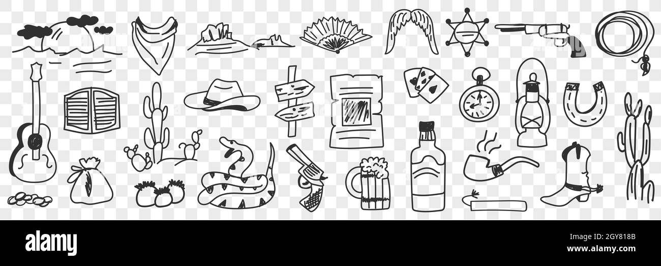 Traditional cowboy symbols doodle set. Collection of hand drawn various ...