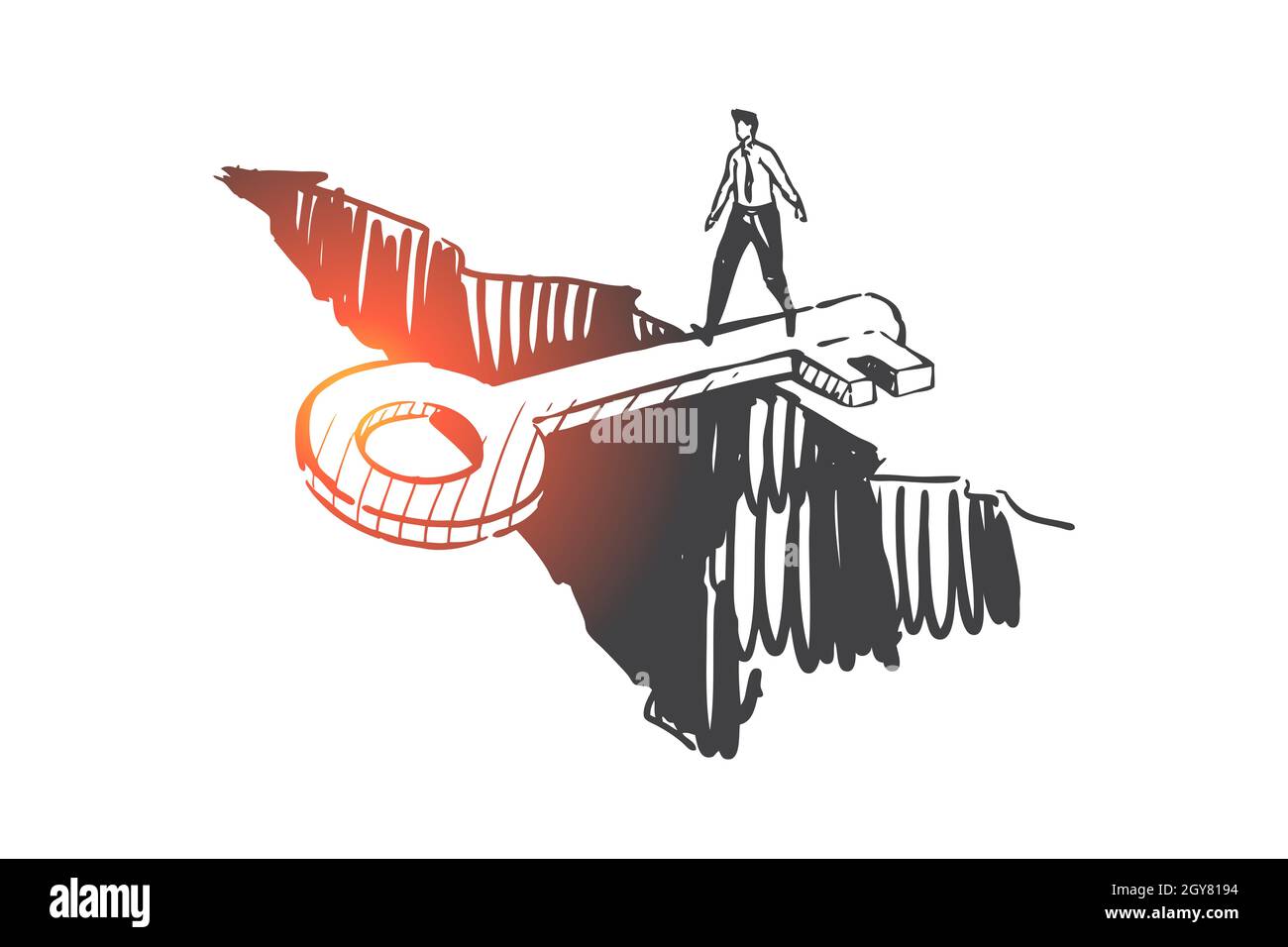 Support, help, anti crisis concept sketch. Man crossing gap on key ...