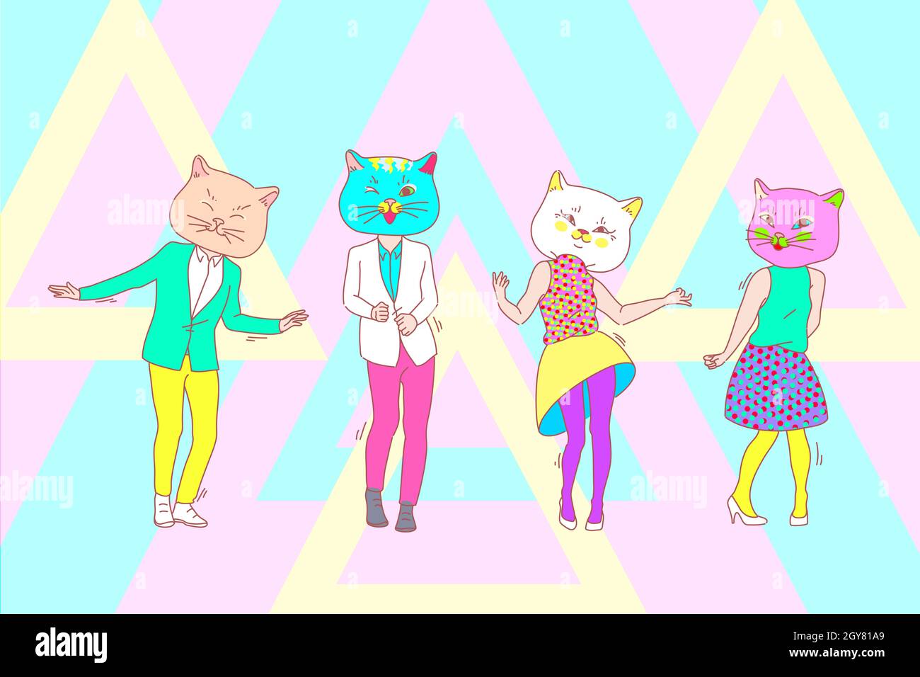 Dance, party, cat mask, team concept. People dancing together in cat ...