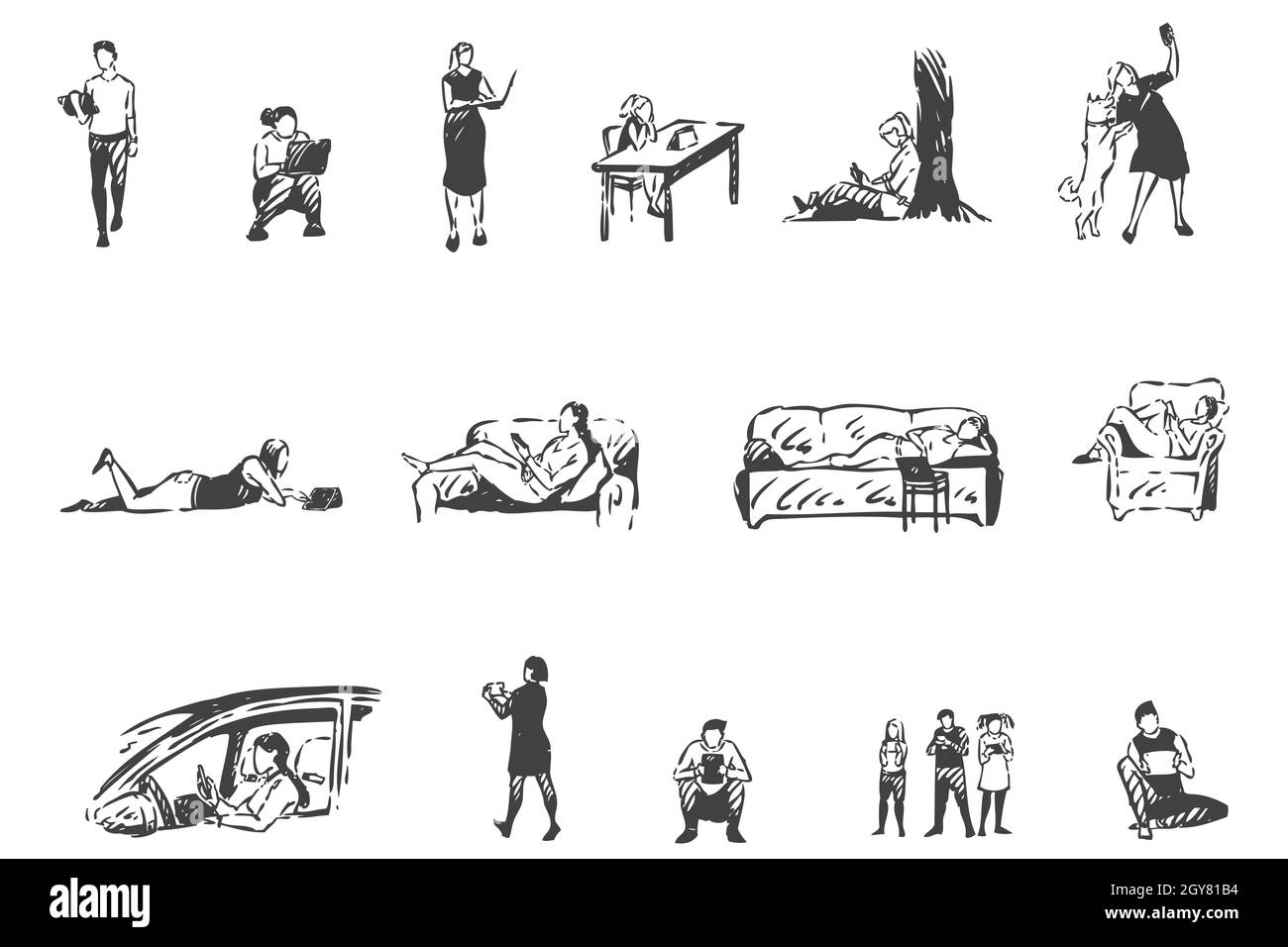 Technology addiction, people with gadgets concept sketch. Men, women ...