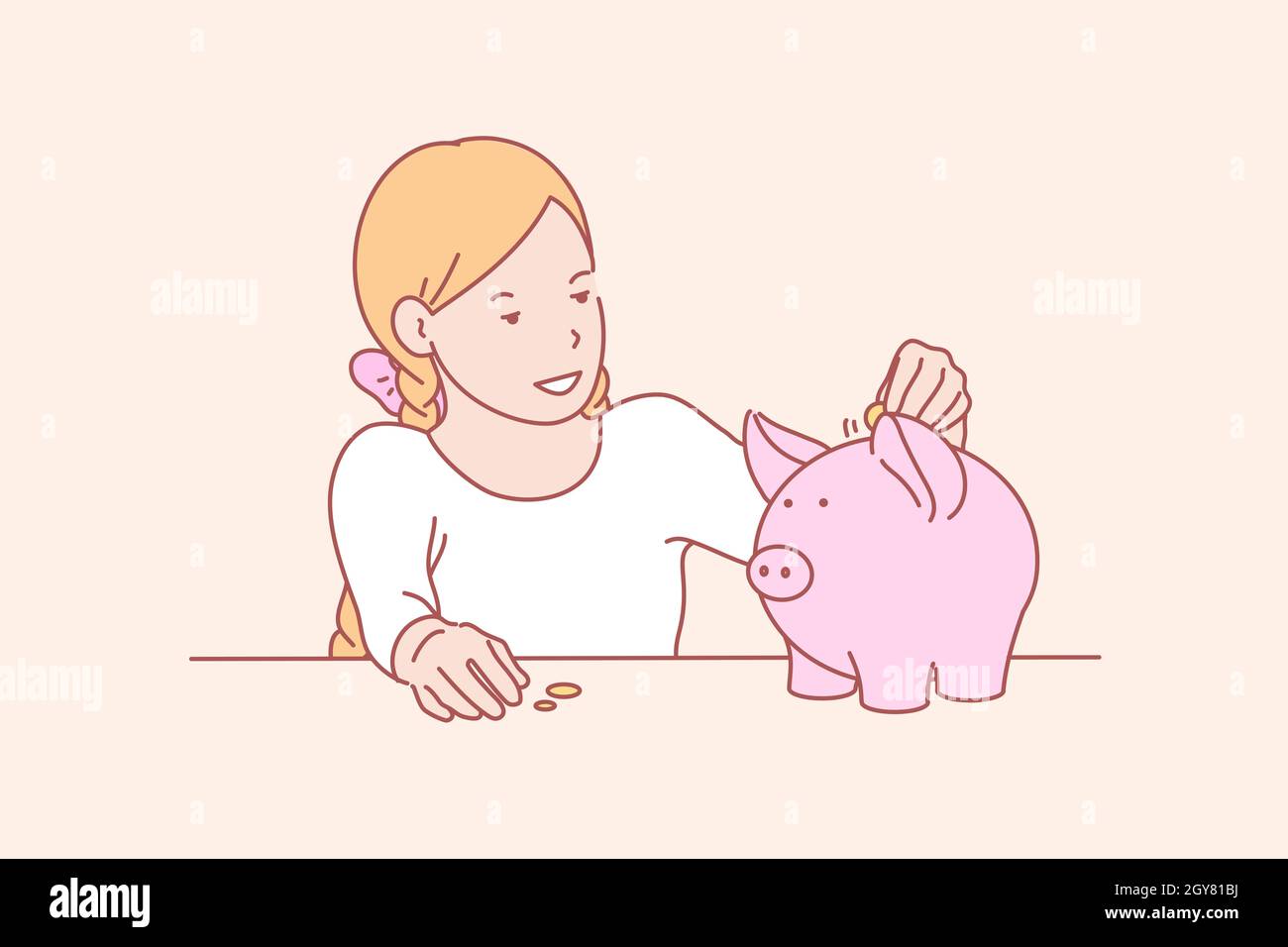 Money, savings, childhood, skill concept. Smiling little girl saving ...