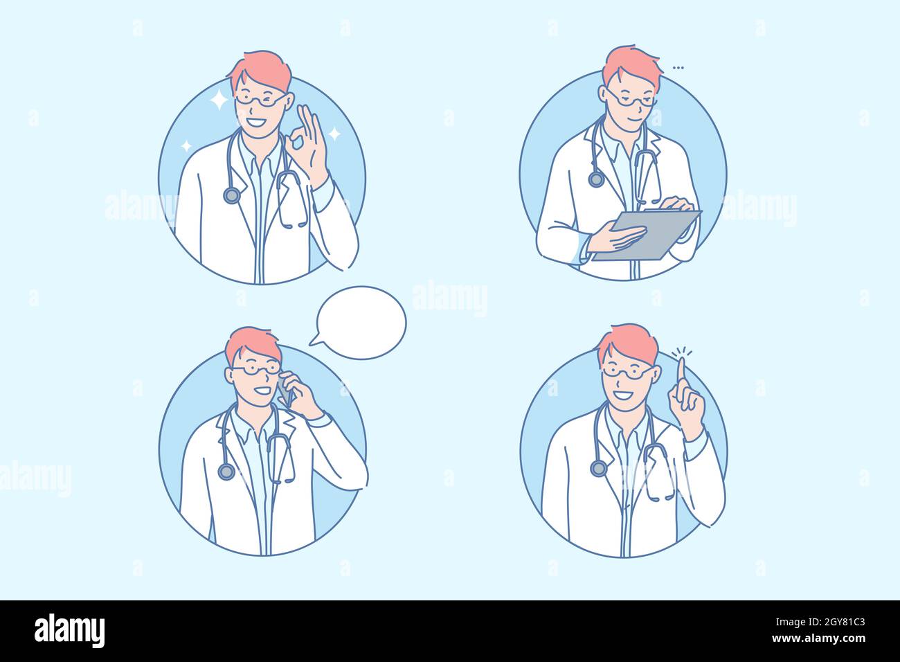 Medicine, doctor, healthcare, therapy, set. Smiling doctor analysing ...