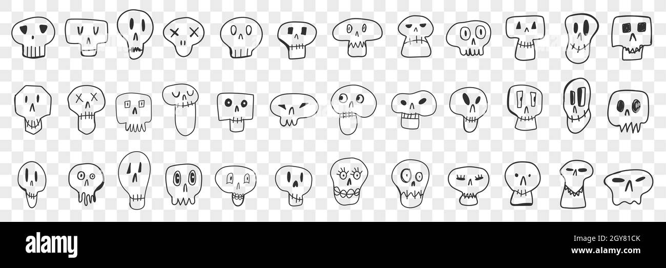 Various skull faces doodle set. Collection of hand drawn spooky skulls ...