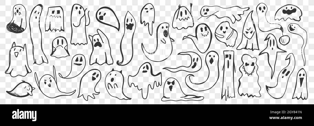 Ghost doodle set. Collection of hand drawn cute scary spooky ghosts of ...
