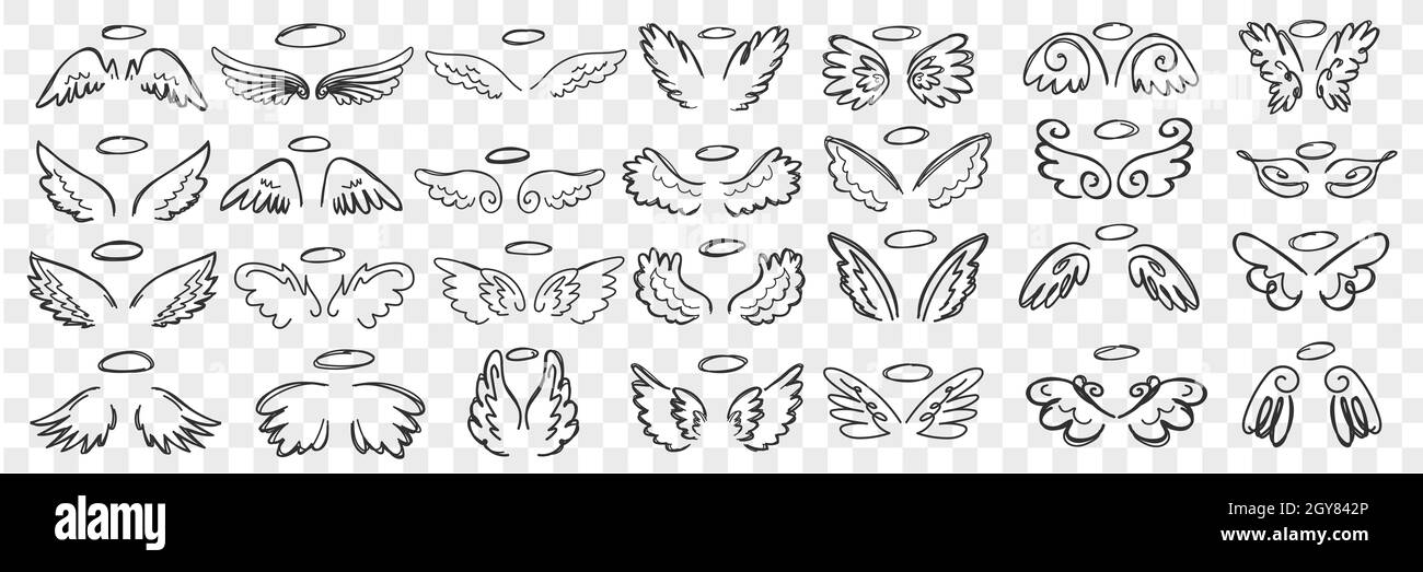 Angels wings and halo doodle set. Collection of hand drawn wings and ...