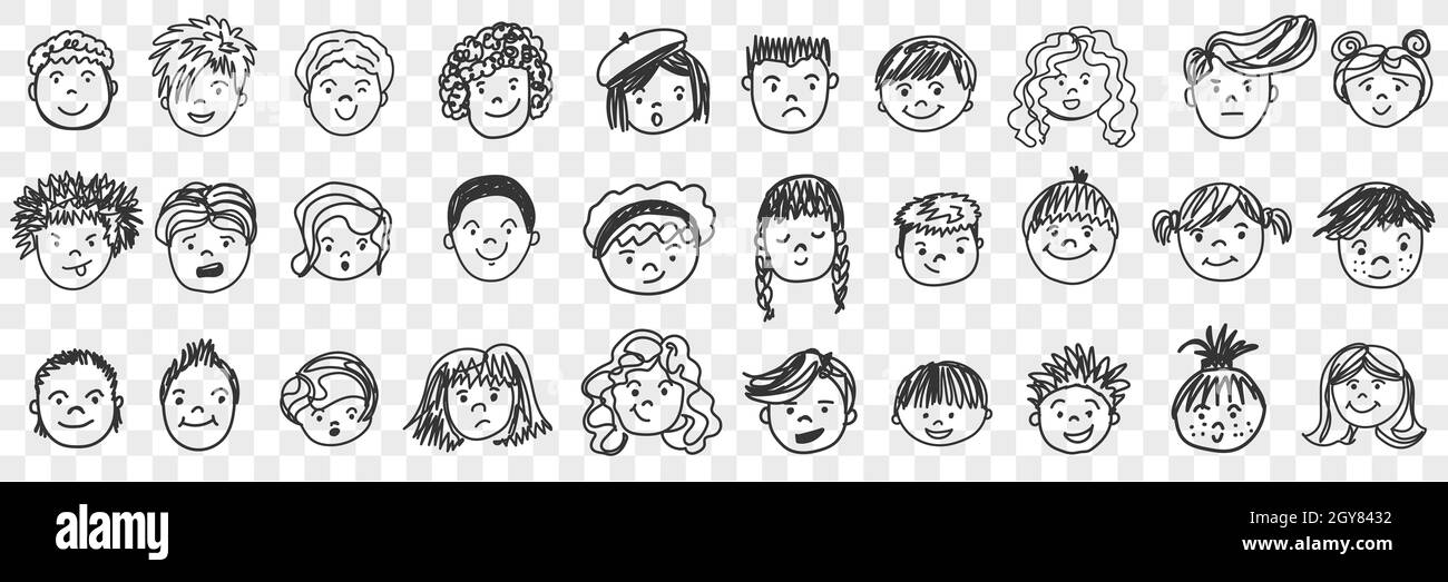 Portraits doodle set. Collection of funny hand drawn human children ...