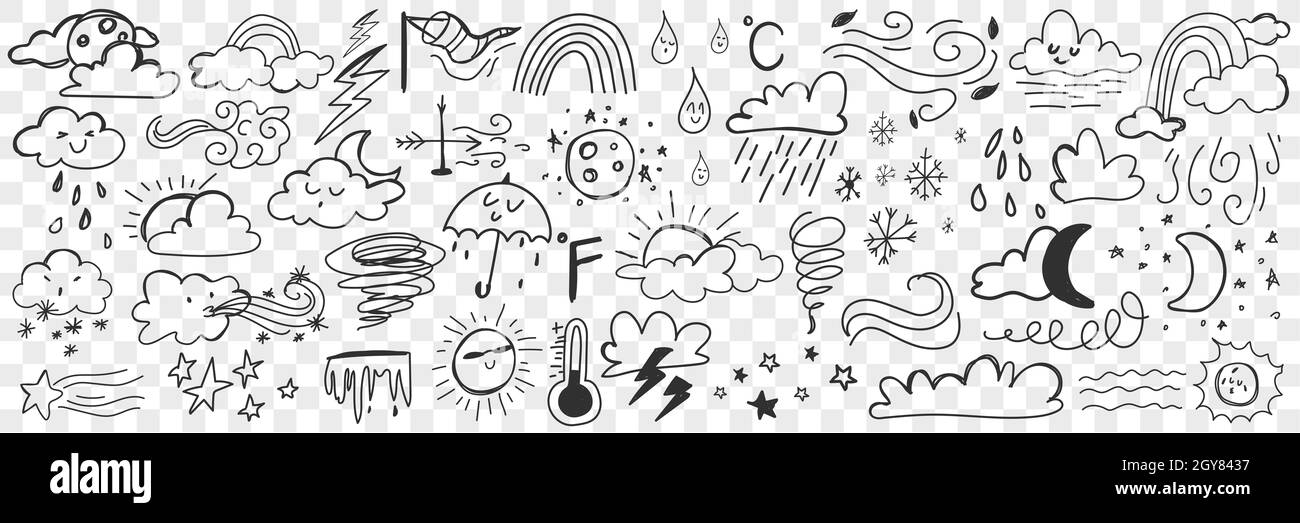 Various weather conditions doodle set. Collection of hand drawn clouds ...