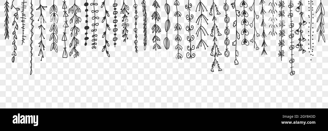 Hanging decorative lines with leaves doodle set. Collection of hand ...