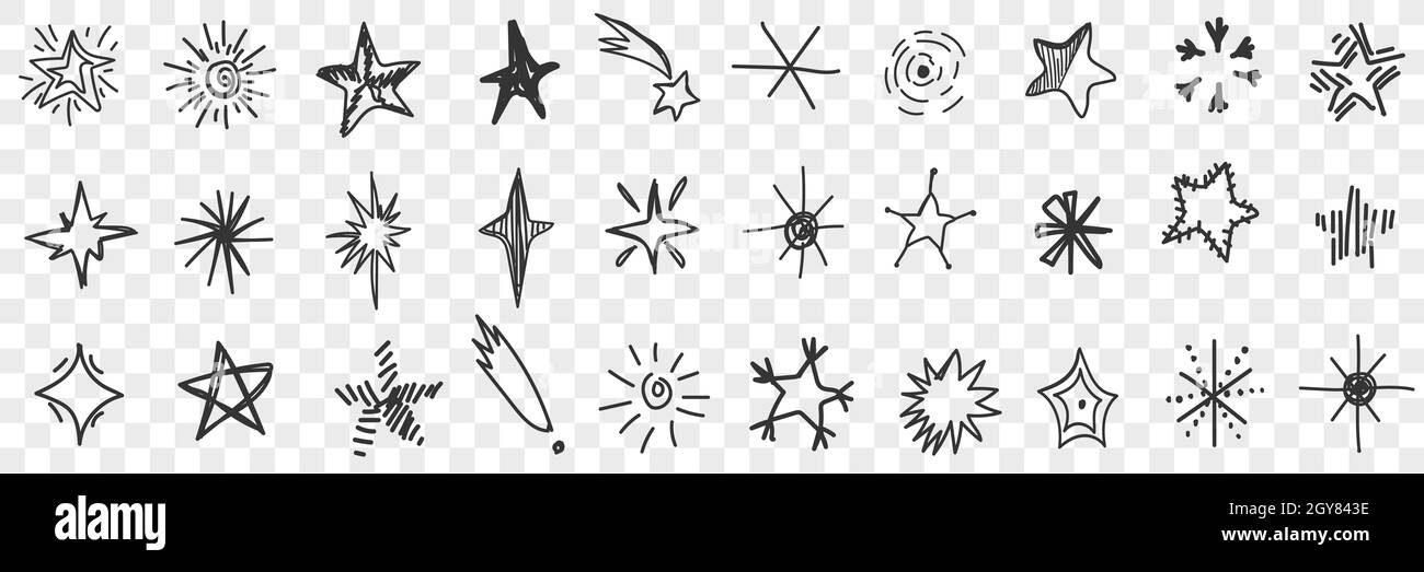 Stars doodle set. Collection of hand drawn shining and falling stars in ...