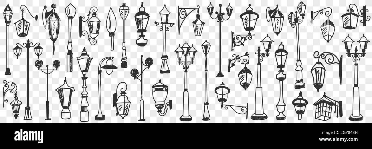 Outdoors vintage lamps doodle set. Collection of hand drawn various ...