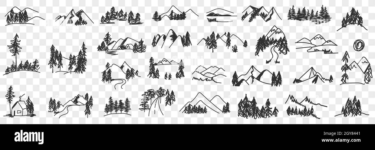 Mountains valley landscapes doodle set. Collection of hand drawn ...