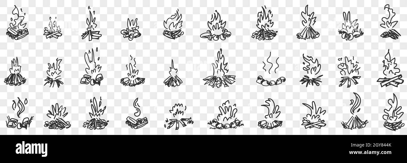 Burning fire flame doodle set. Collection of hand drawn various burning ...