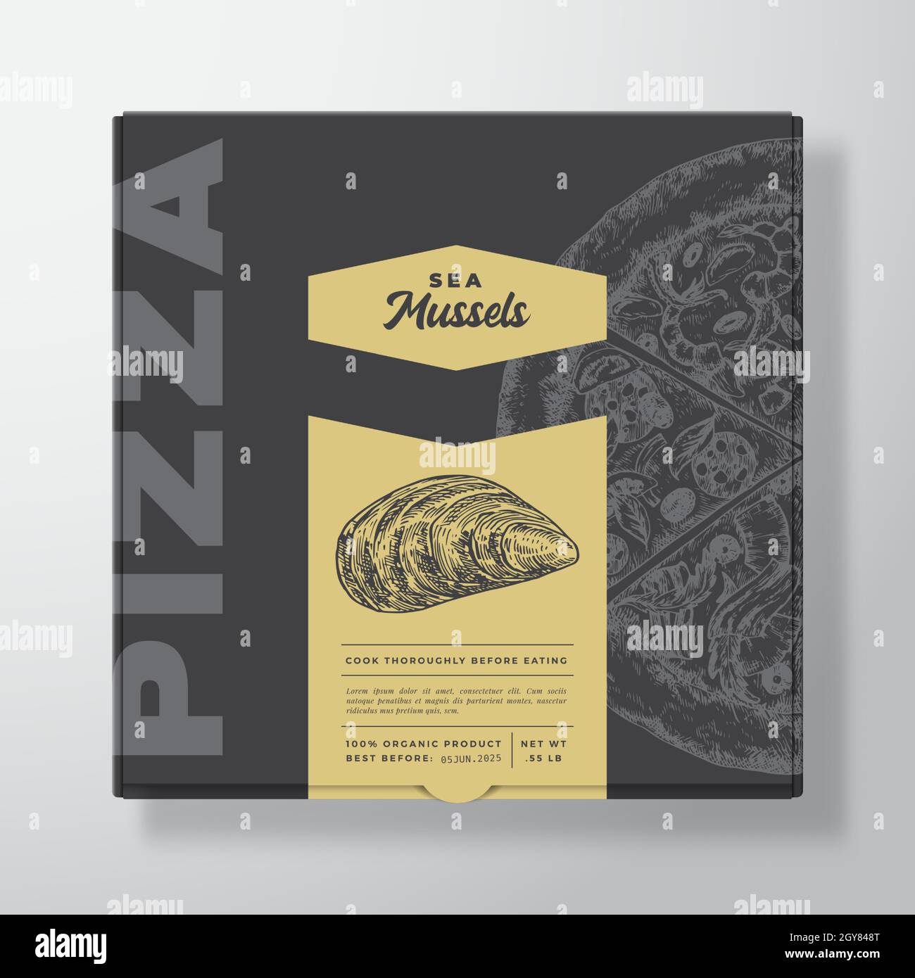 Pizza with Seafood Mussel Realistic Cardboard Box Mockup. Abstract ...