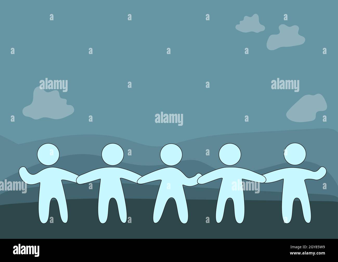 Five Standing People Drawing Holding Hands Showing Team Support Stock ...