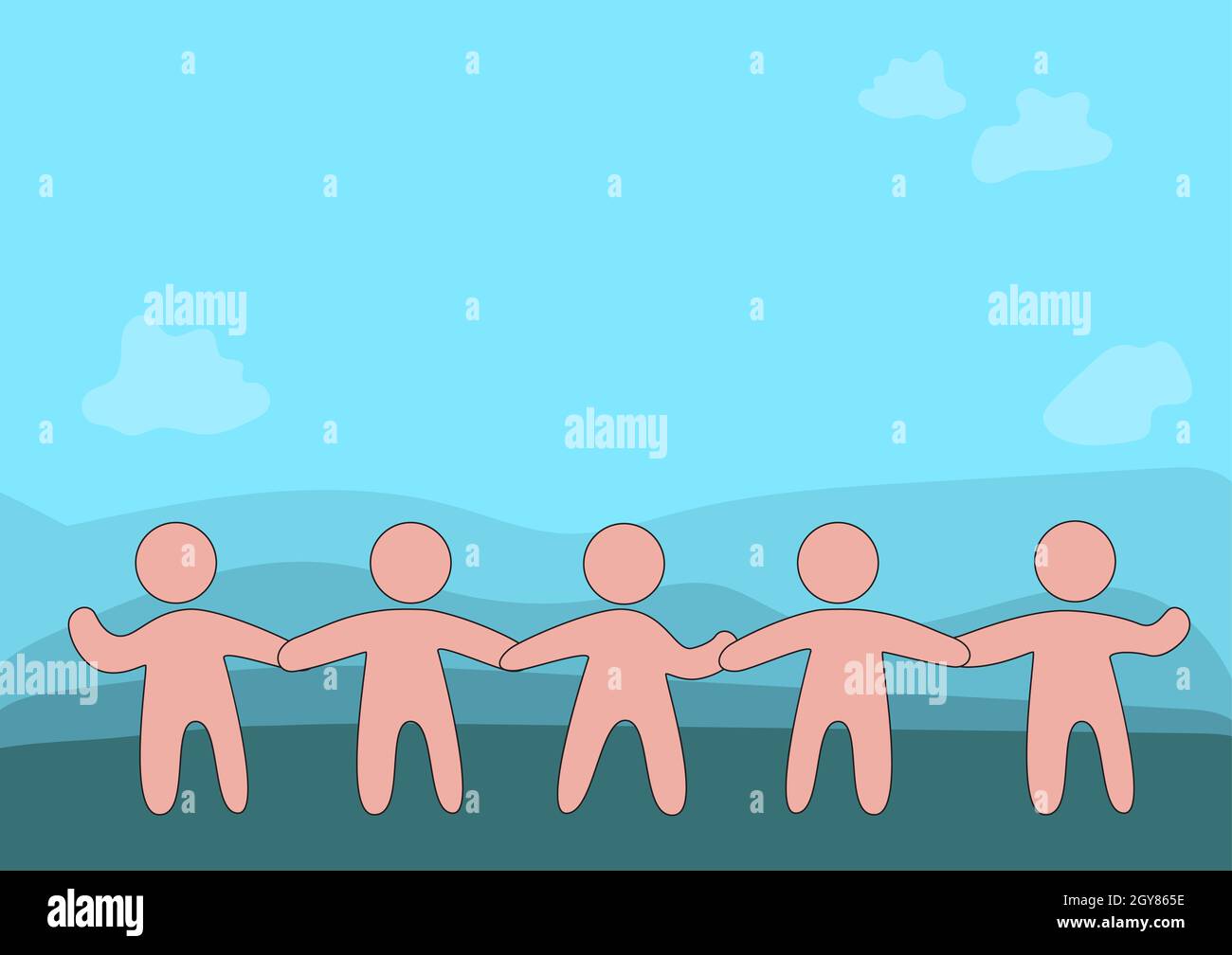 Five Standing People Drawing Holding Hands Showing Team Support Stock ...