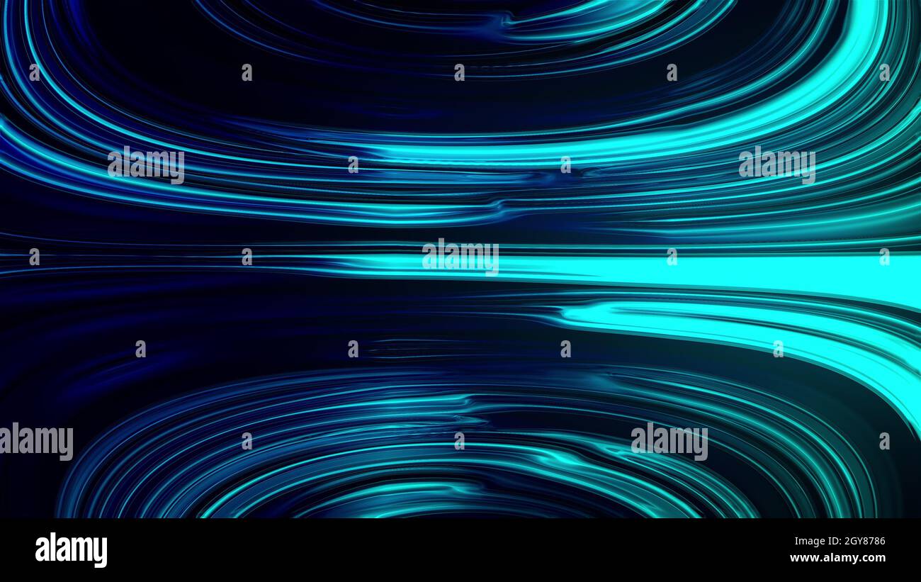 Horizontal liquid neon lines shimmer in a smooth bend. Abstract ...