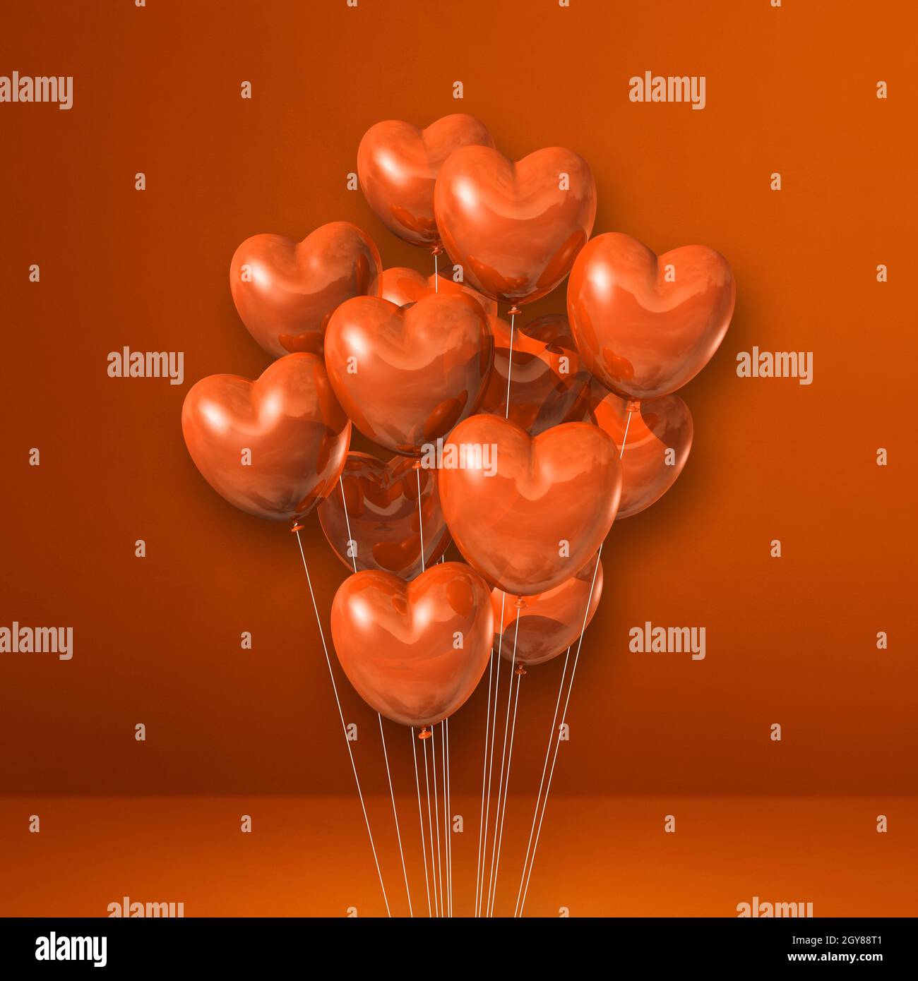 Heart shape balloons bunch on orange wall background. 3D illustration ...