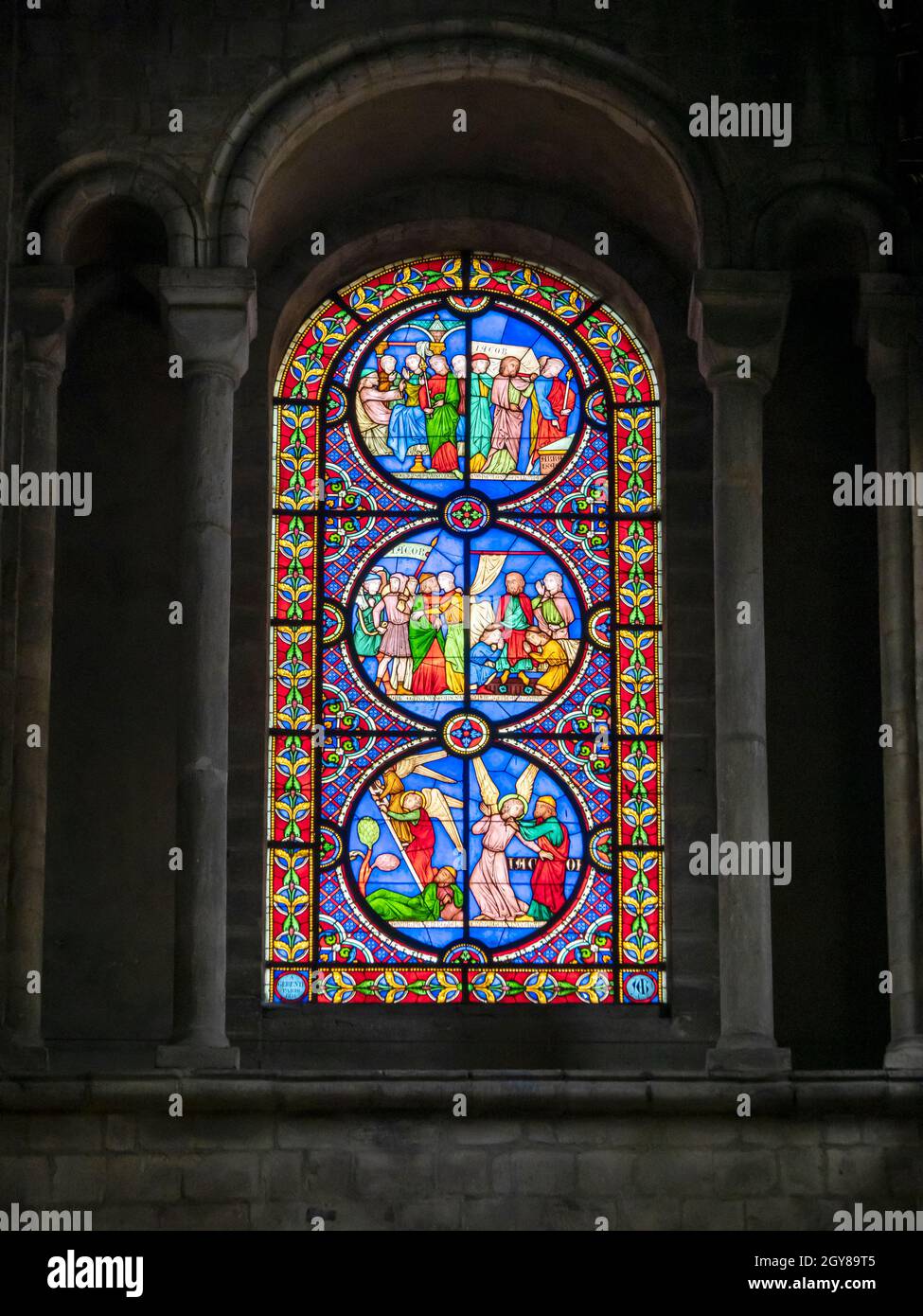 A stained glass window in Ely Cathedral in Ely, Cambridgeshire, UK ...