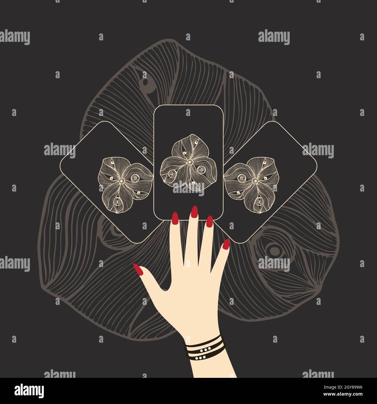 Hand with tarot cards, a layout of cards on the table, hand drawing an ...