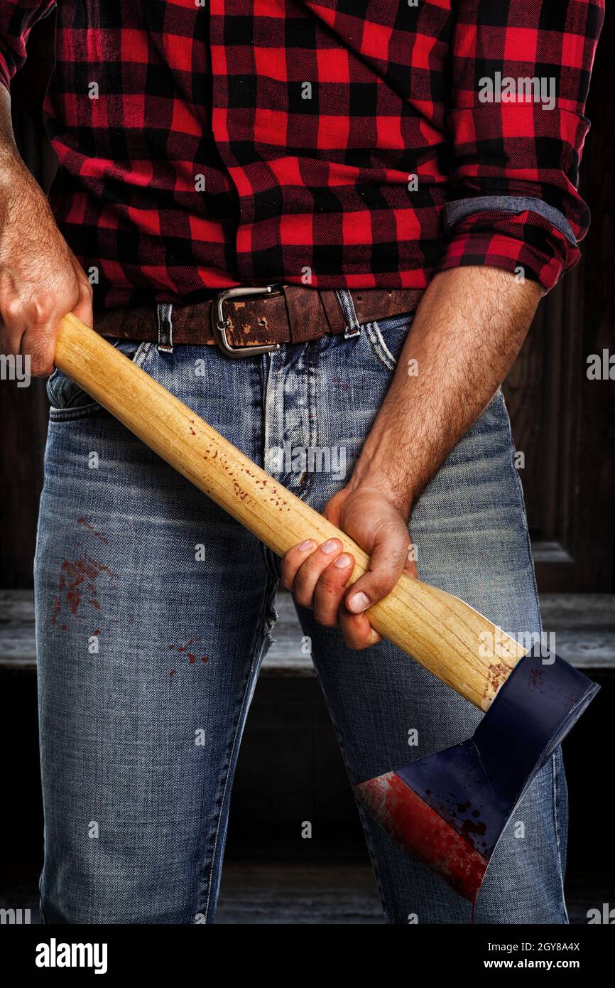 The Lumberjack Killer, close up of bloody ax Stock Photo - Alamy