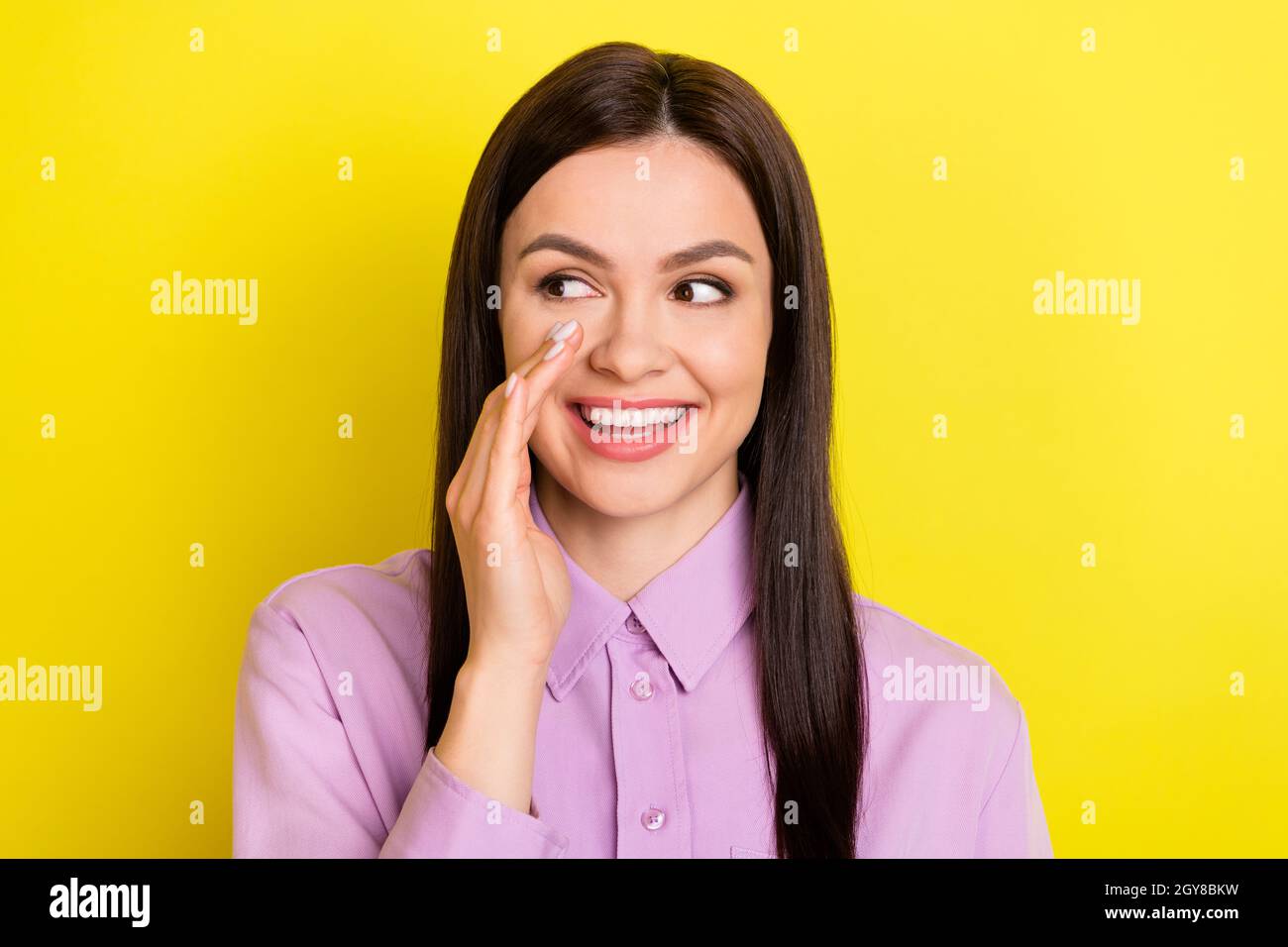 Photo of cunning brown hairdo young lady tell secret look empty space ...