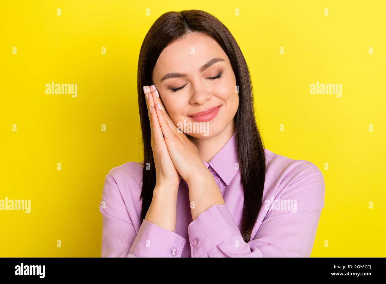 Photo of sleepy brown hairdo milennial lady hands head closed eyes wear ...