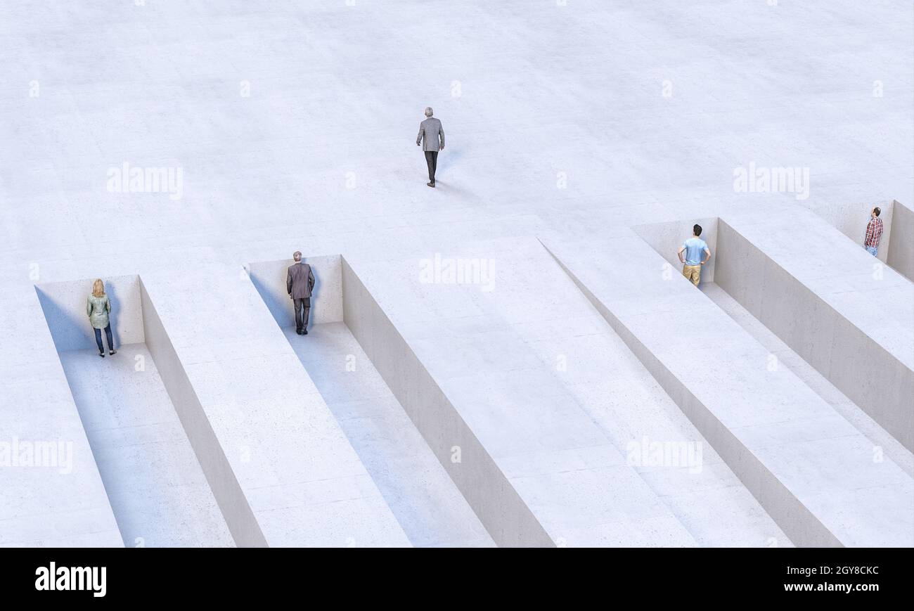 people stuck in streets below street level, obstacle concept. 3d image ...