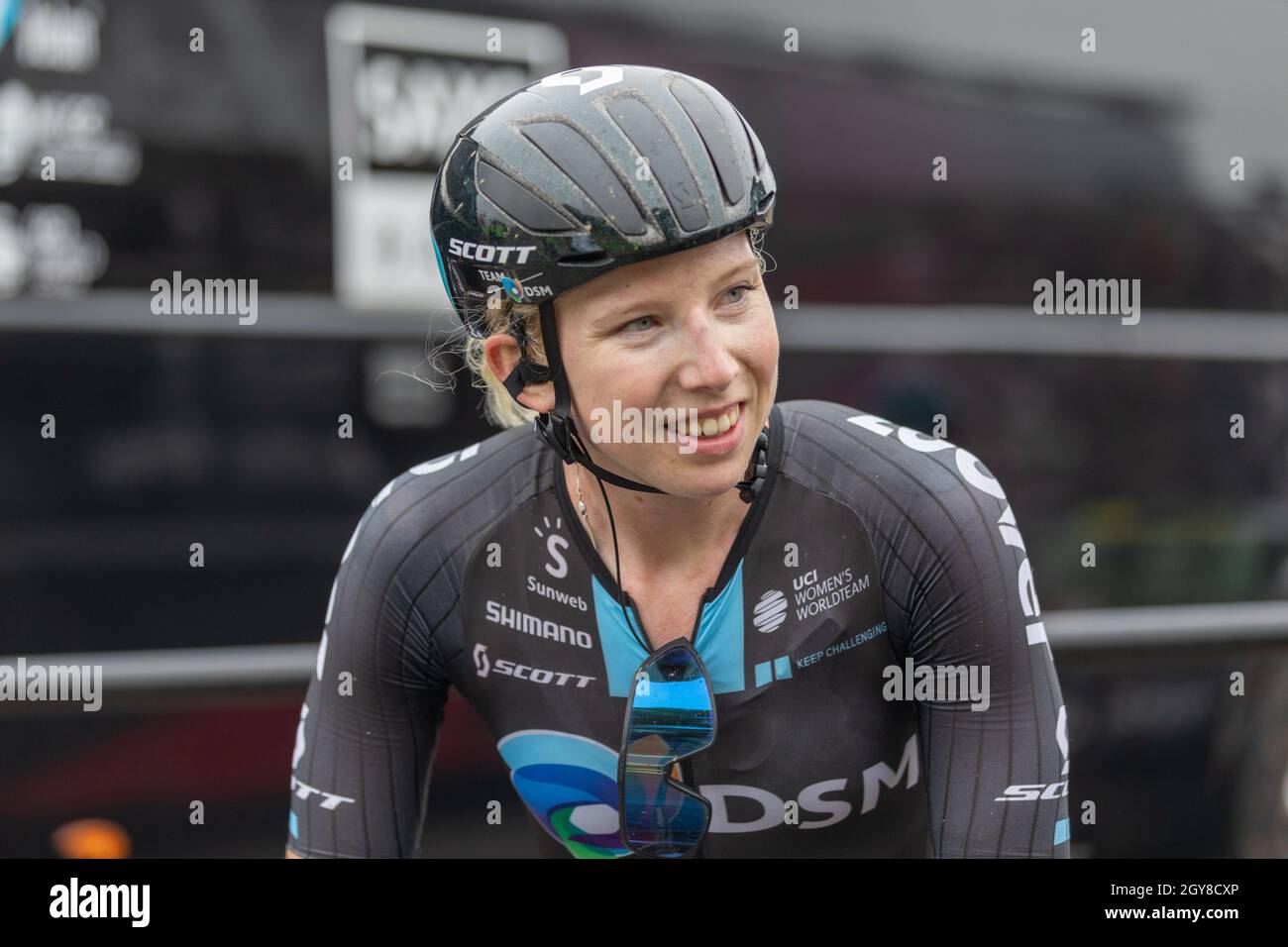 7th Oct, 2021. Southend on Sea, UK. Lorena Wiebes after winning stage ...