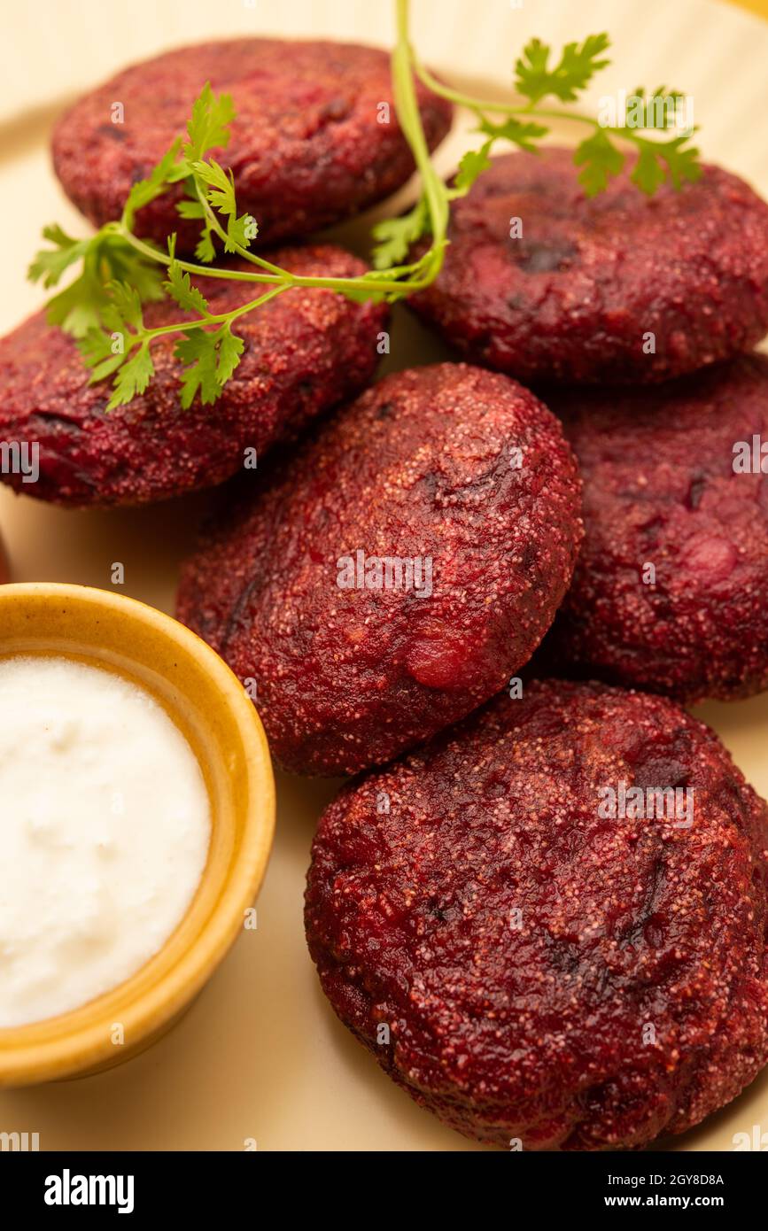 Beet Root Patties or cutlet or tikki served with green chutney Stock ...