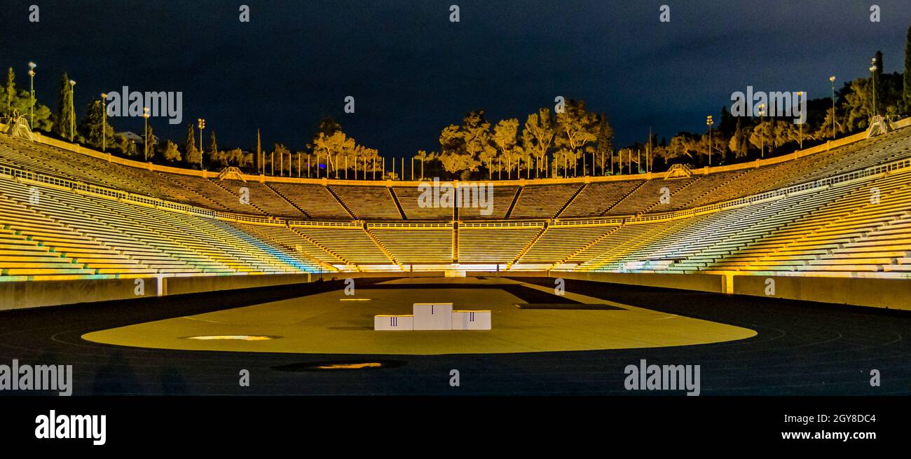 Night scene empty olympic stadium, athens city, greece Stock Photo - Alamy