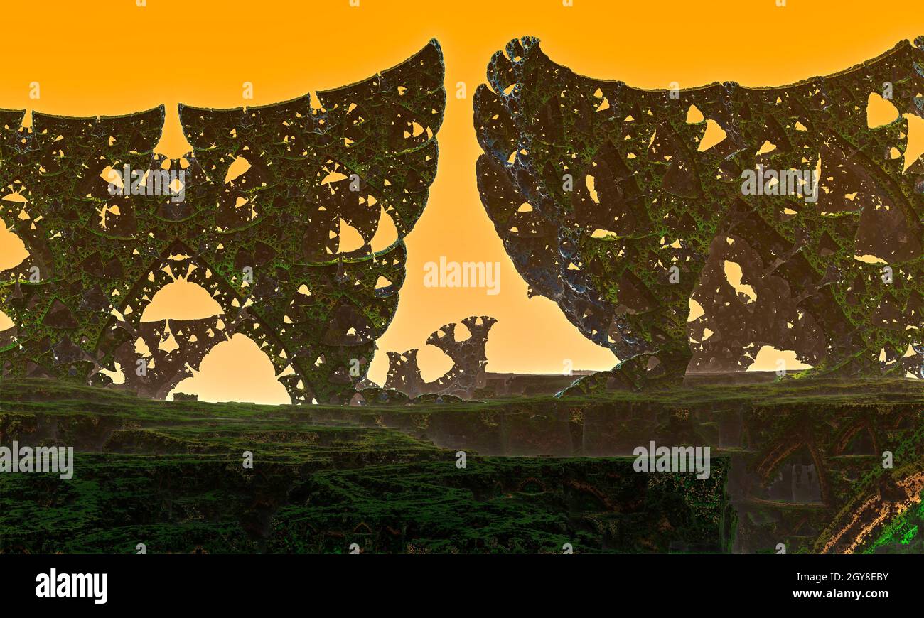 A strange world with intersecting porous metal columns against a ...