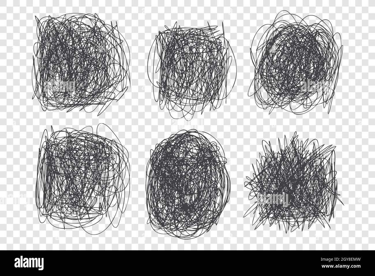 Tangled scribbles vector illustrations set. Round ink pen scrawls ...