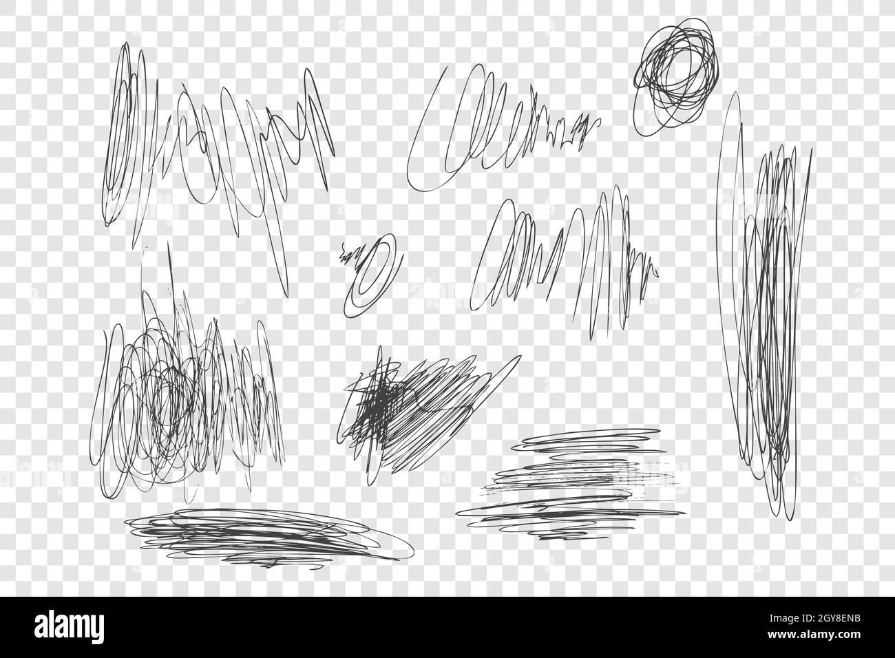 Ink pen scrawls vector illustrations set. Chaotic black scribbles ...