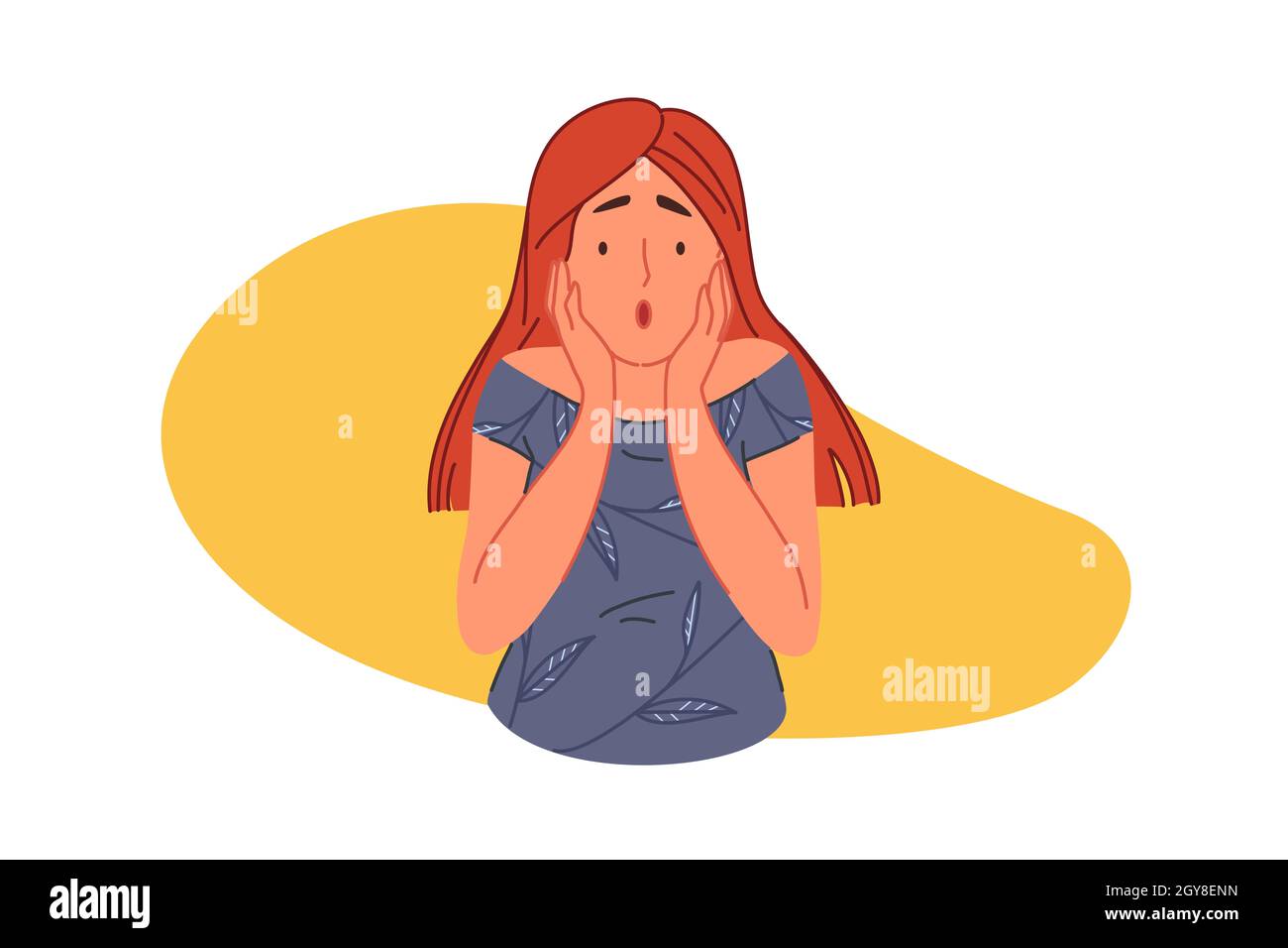 Frightening, terrified, panic concept. Scared woman keeps hands on head ...