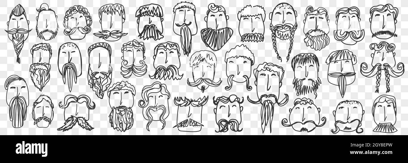 Beard and mustache doodle set. Collection of funny hand drawn male head ...