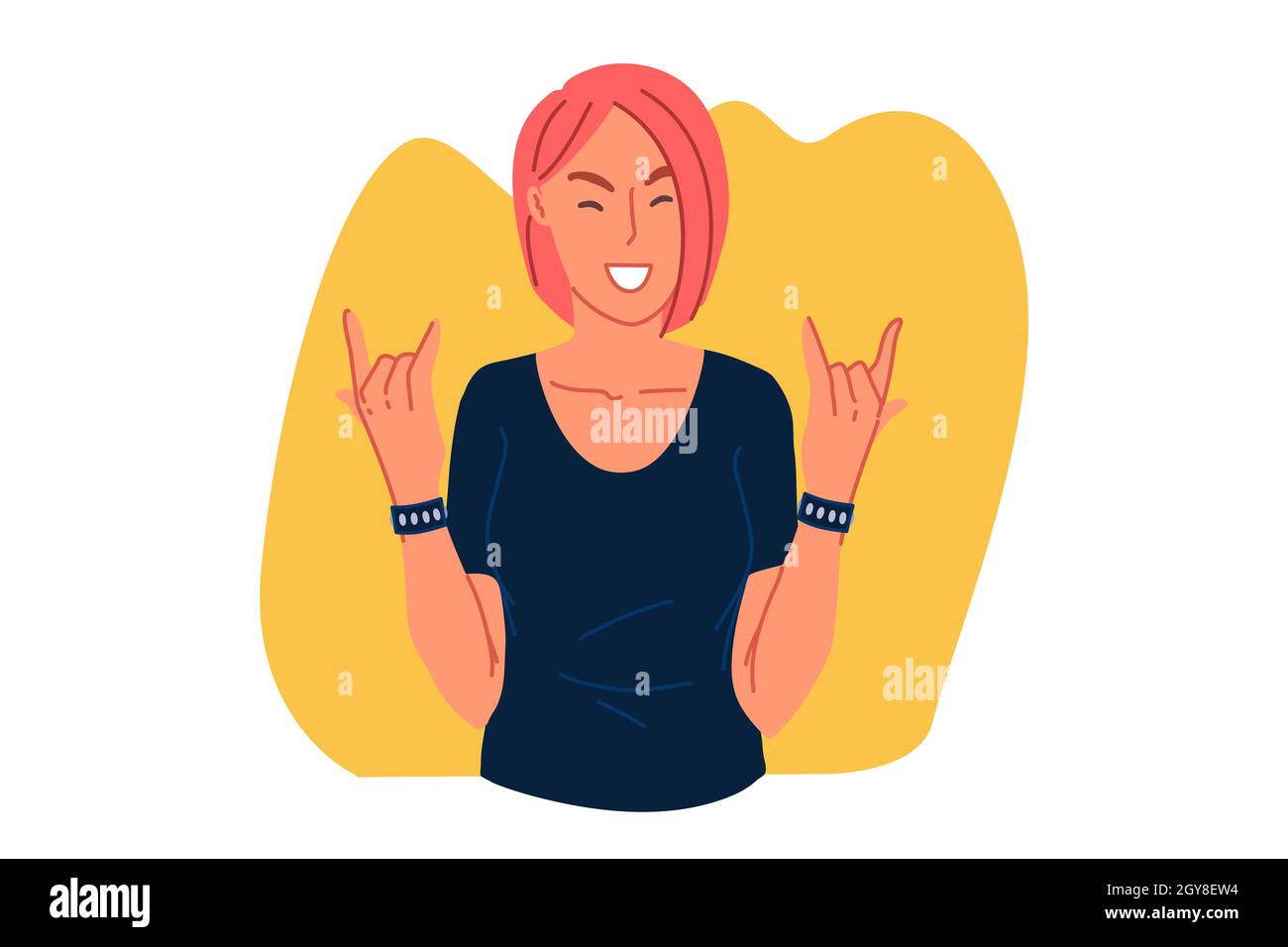 Youth, carefree lifestyle concept. Rocker fan girl showing devil horns ...