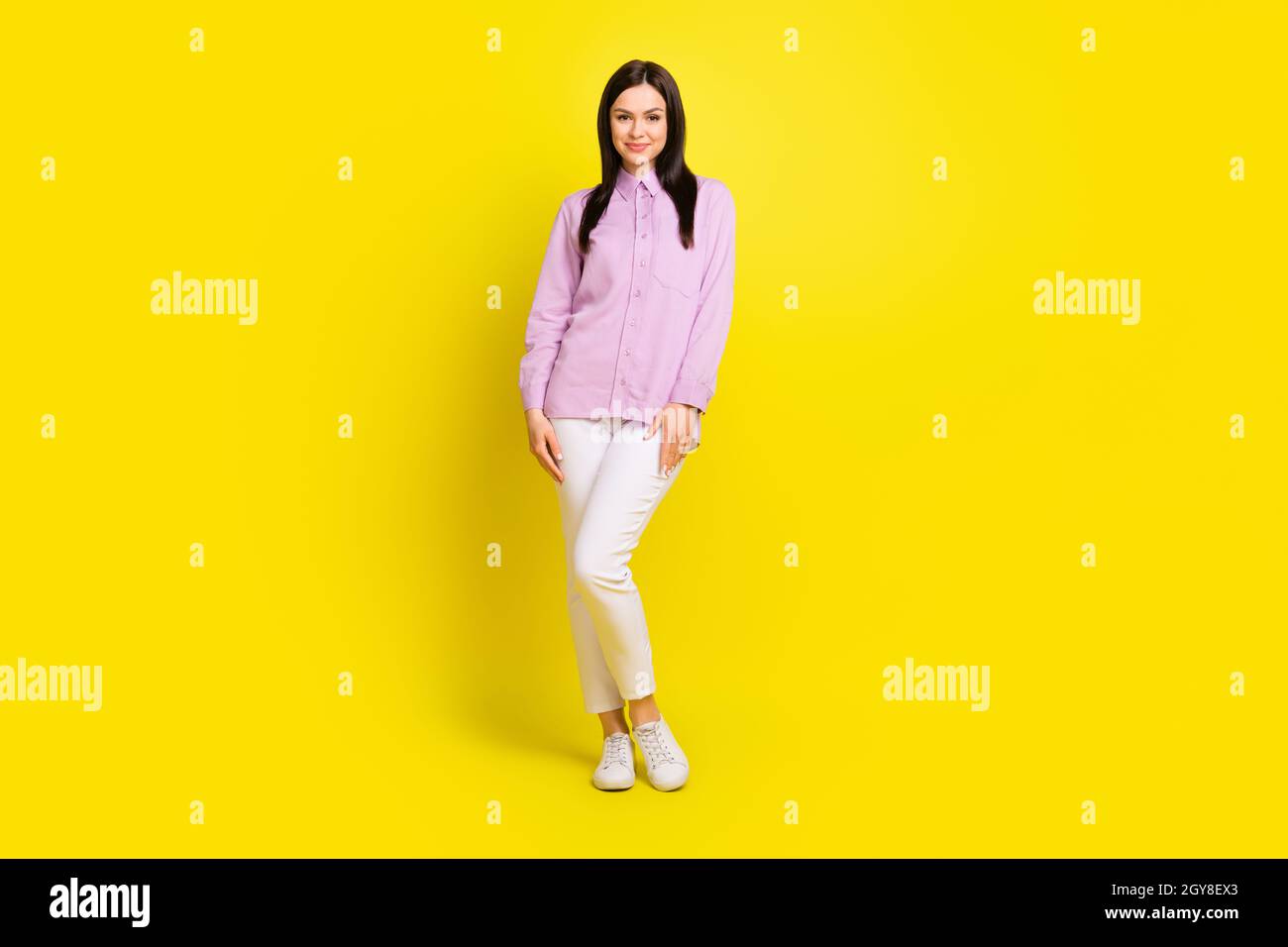 Full length body size view of attractive cheery girl wearing casual ...