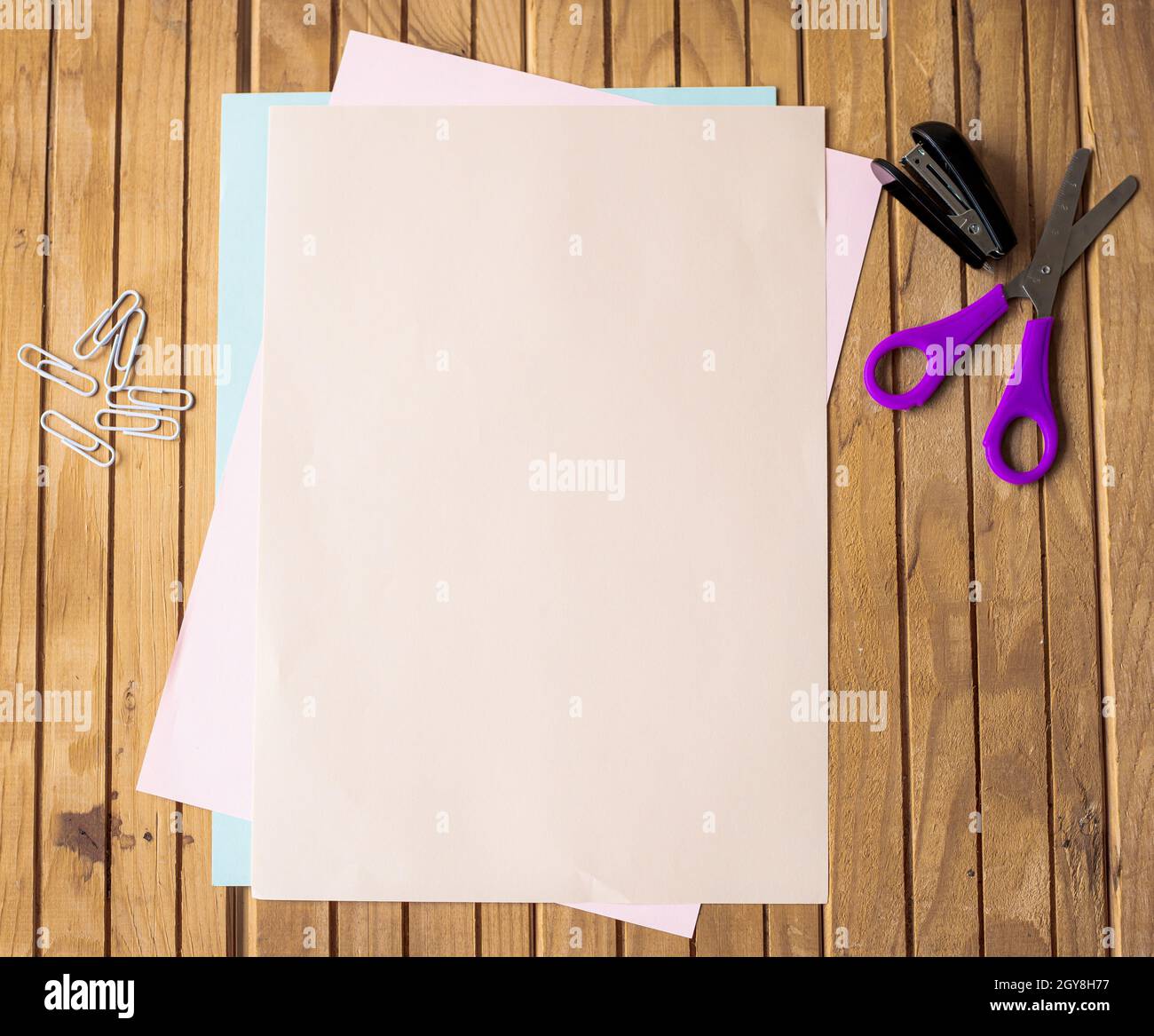 Office Stationery Paper Clipped Together Laying Flat On Table Stock ...