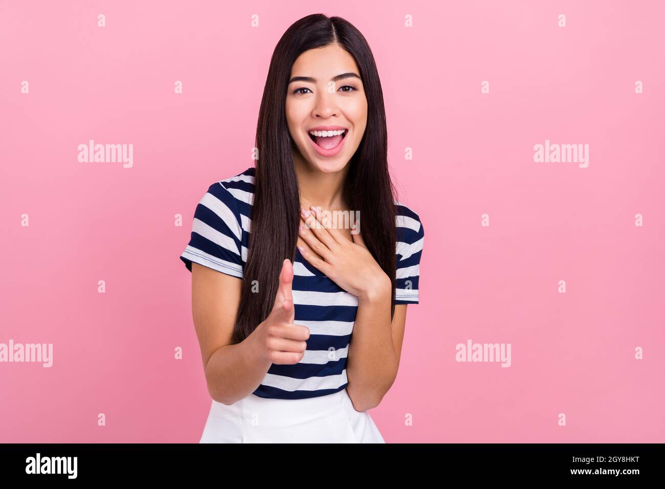 Photo of crazy young millennial lady point camera laugh wear striped t ...