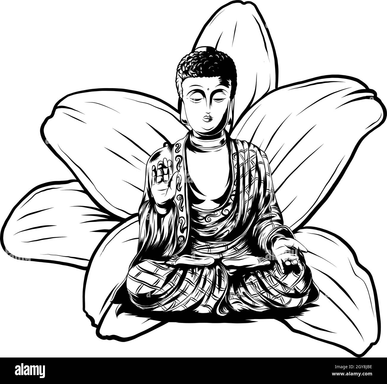 Vector Buddhism icon meditating Buddha. Golden Buddha sitting on a ...